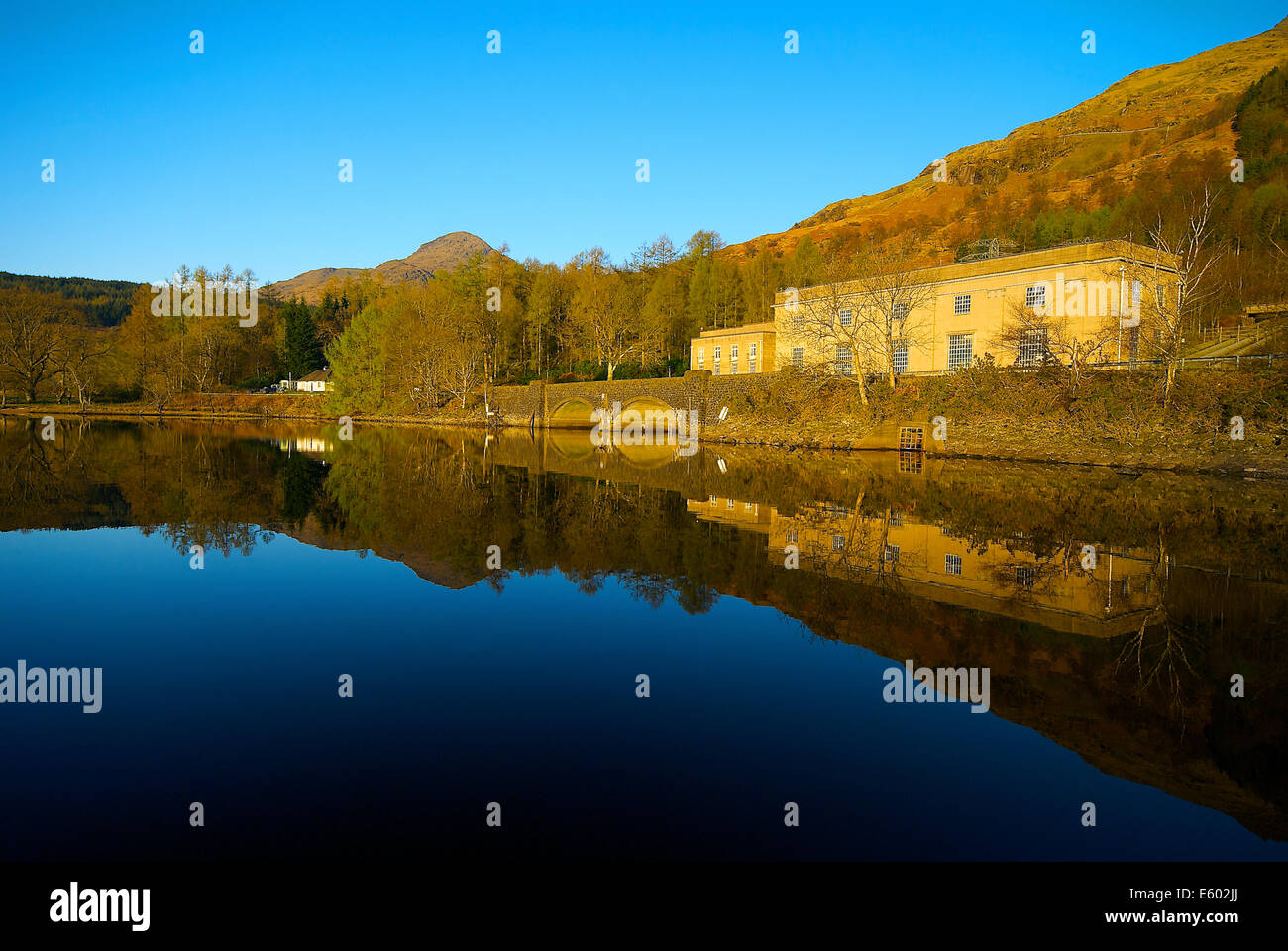 Reflections of Loch Sloy powerstation at Loch Lomond in the spring ...