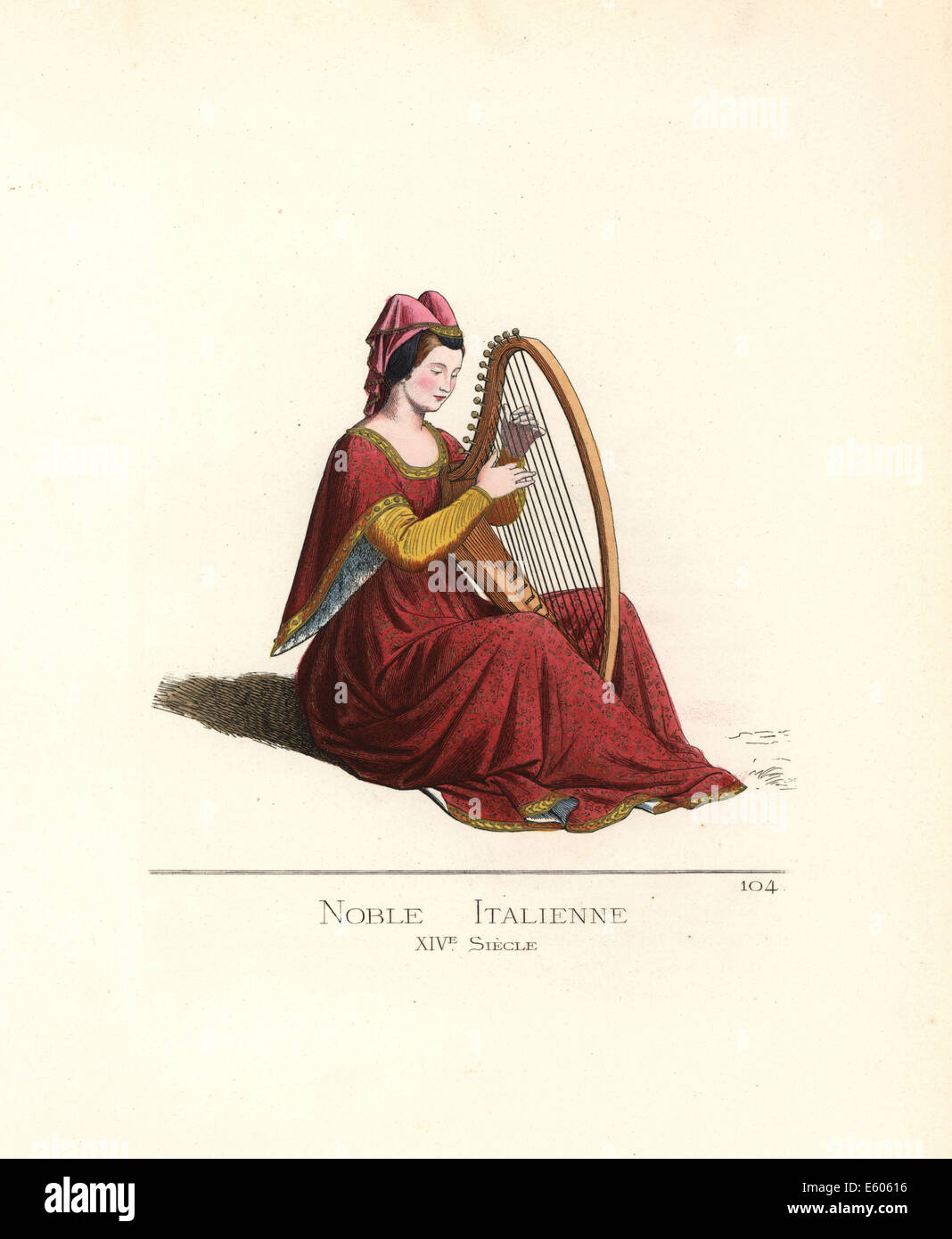 Costume of Italian noble woman playing a harp, 14th century Stock Photo ...