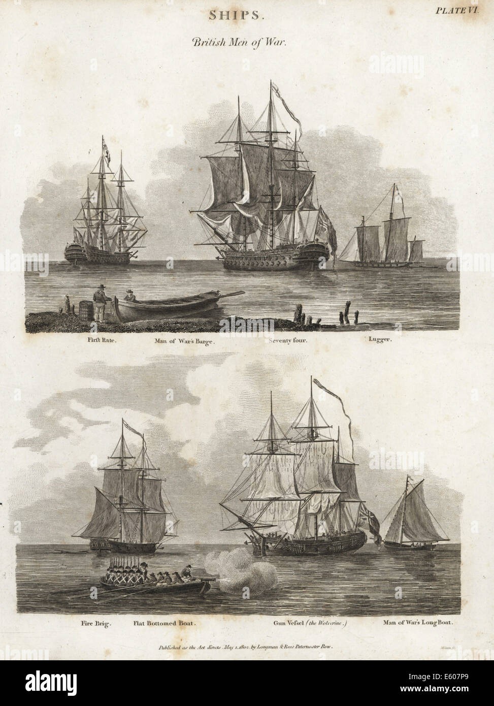 British Men of War, 18th century: first rate, barge, seventy four, etc ...
