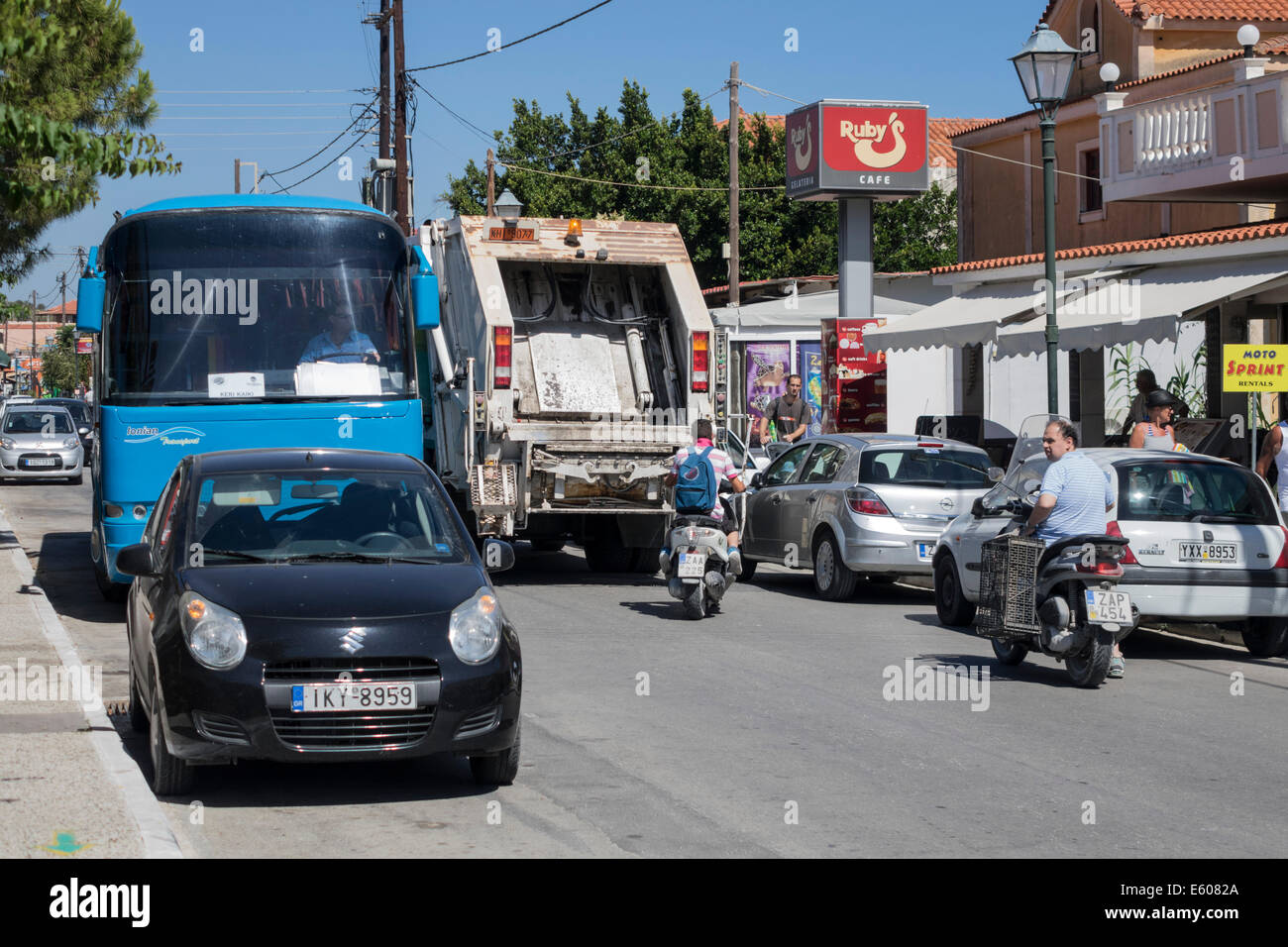 Zante, Greece - Argassi. High street with garbage collection Stock ...