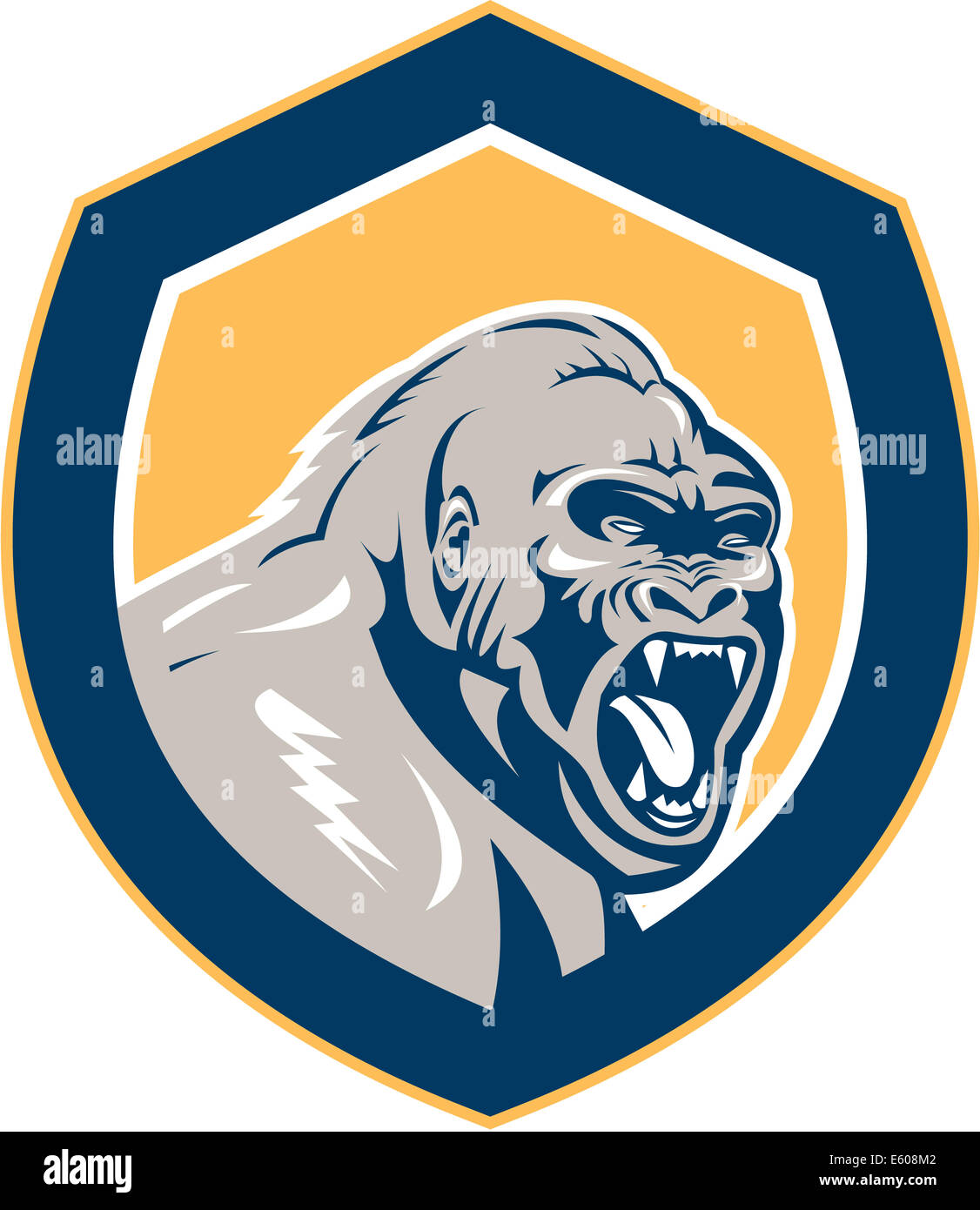 Illustration of an angry gorilla ape head set inside shield crest on ...