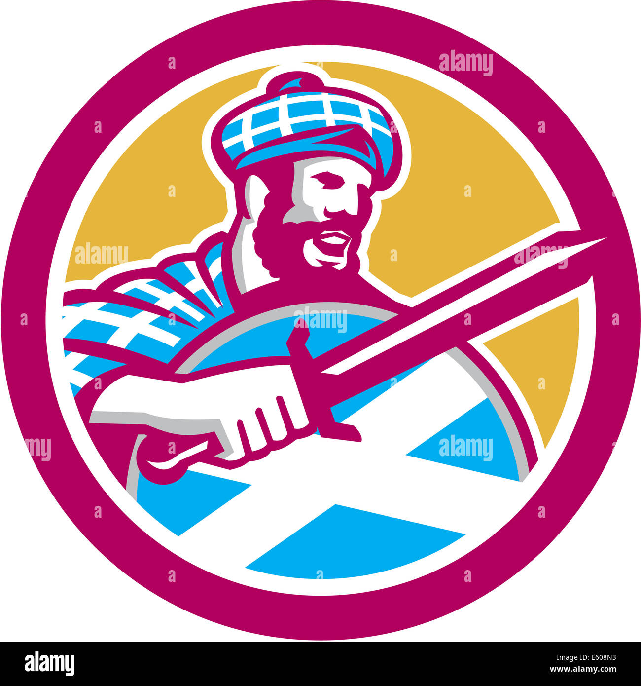 Illustration of a highlander scotsman with sword with Scotland flag on ...