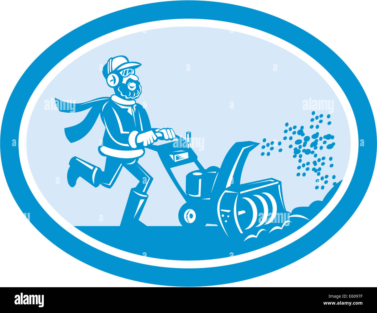 Illustration of man with snow blower set inside oval shape on isolated ...