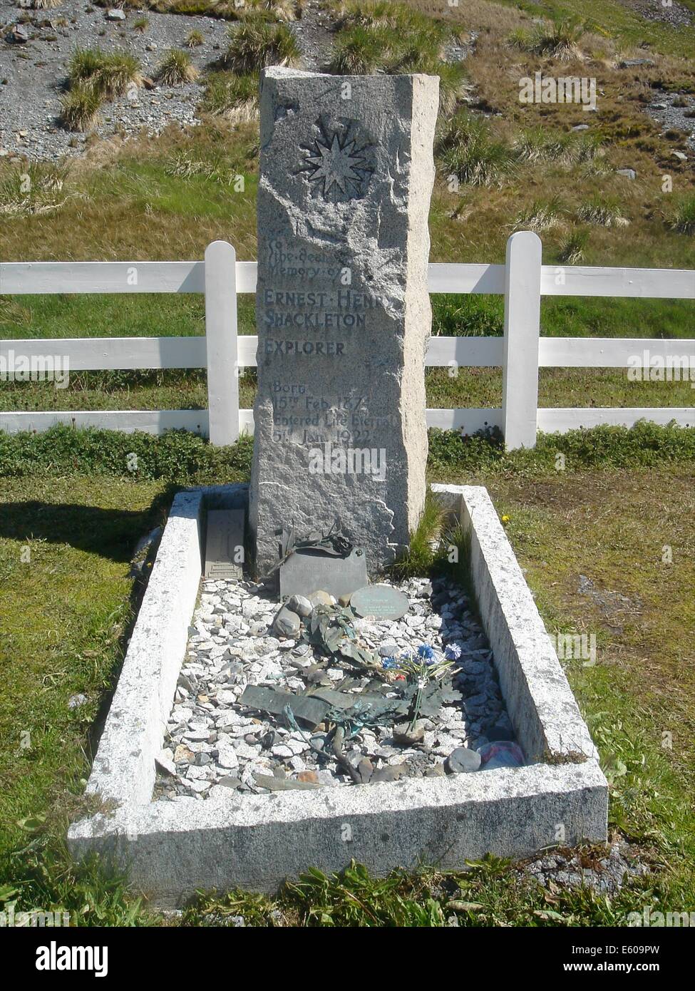 The grave of Sir Ernest Shackleton, in the cemetery of Grytviken, in ...