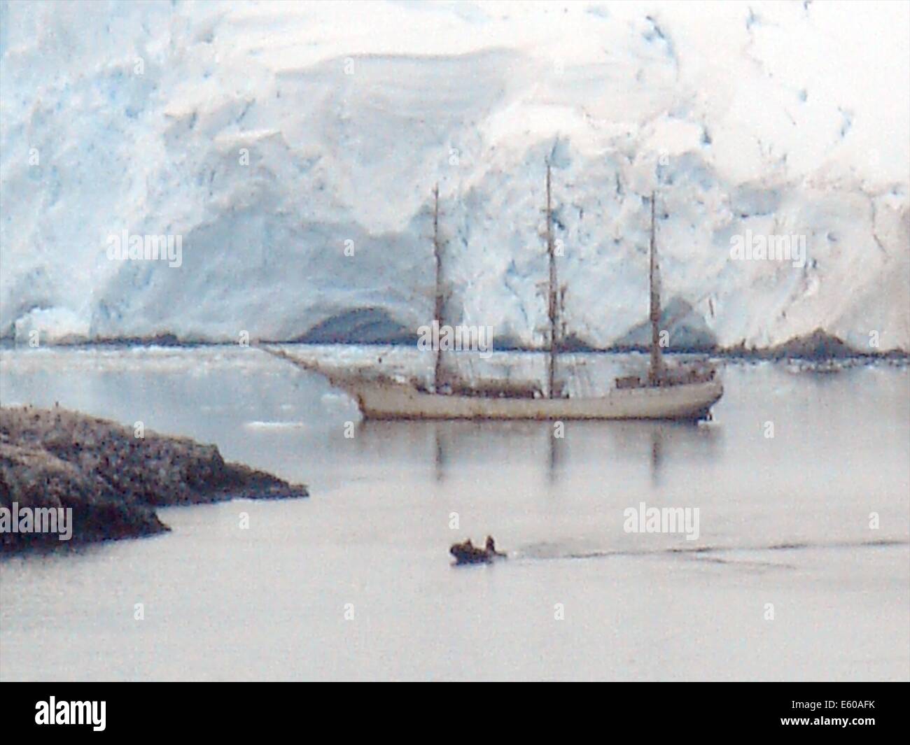An old-fashioned Schooner style-ship sits anchored in Port Lockroy ...