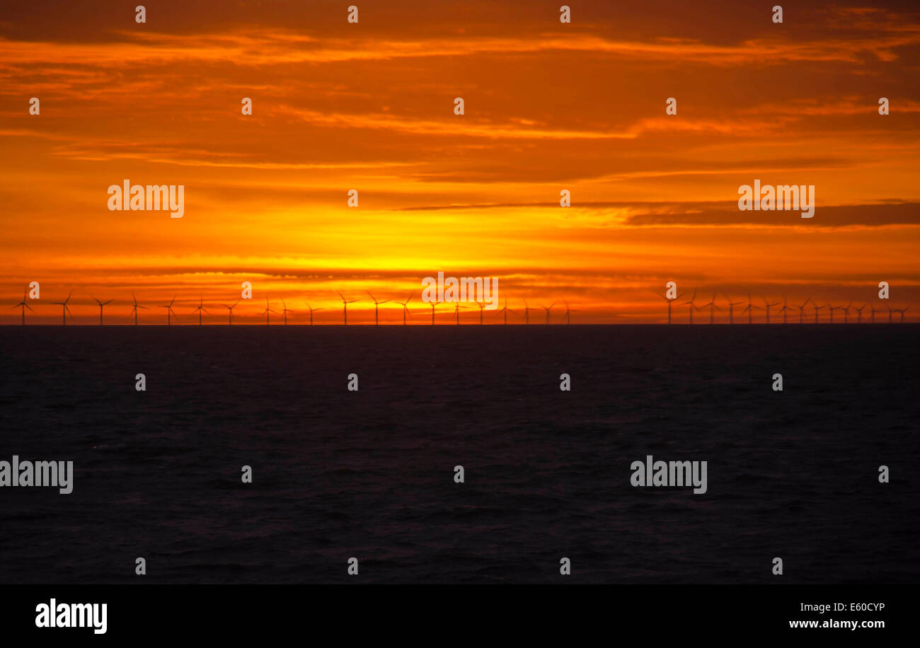 Sunrise over Gunfleet sands offshore wind farm from Clacton on Sea ...