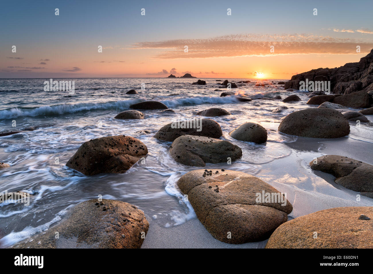 Sunset at Porth Nanven Beach in Cot Valley near Penzance in Cornwall Stock Photo - Alamy