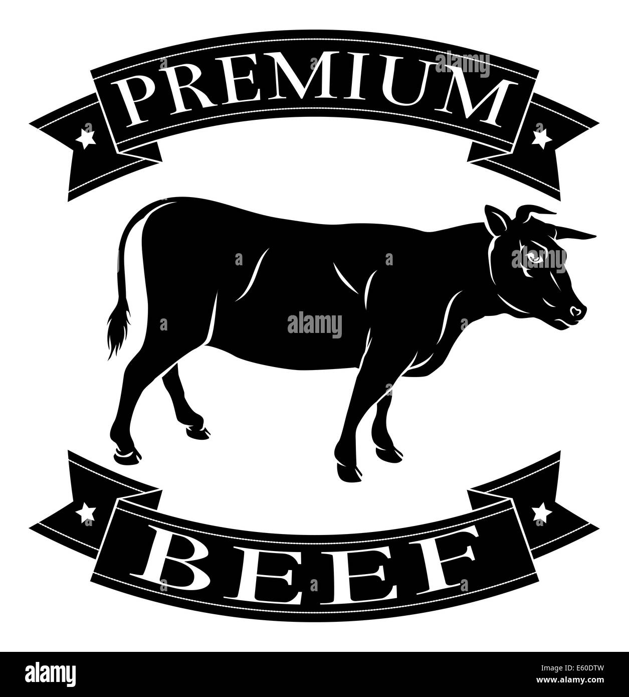 Premium beef food label featuring an illustration of a beef cow Stock ...