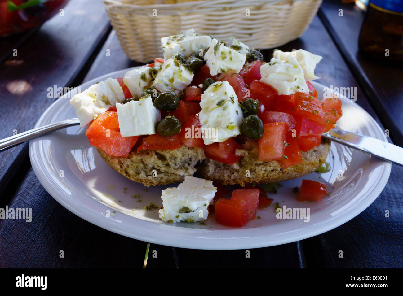 Zante, Greece - Dakos barley rusk with olive oil, tomatoes, feta cheese ...