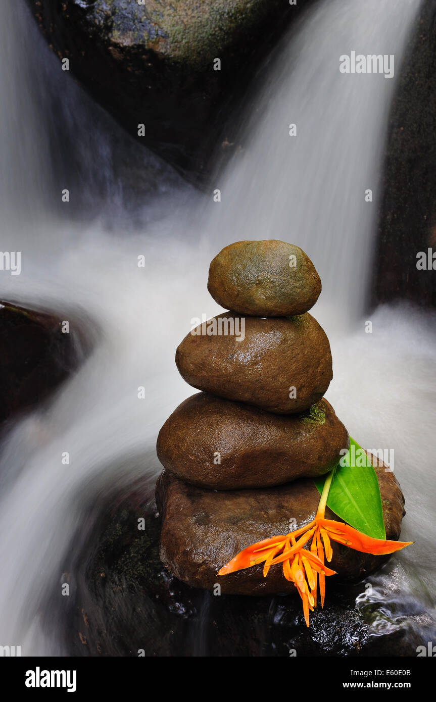 zen waterfall on the stones with flowers Stock Photo - Alamy