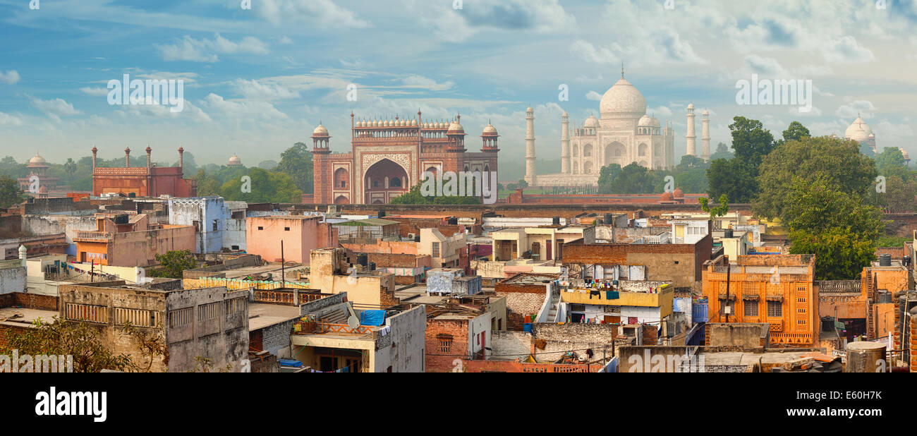 Panorama of Agra city, India. Taj Mahal in the background Stock Photo ...