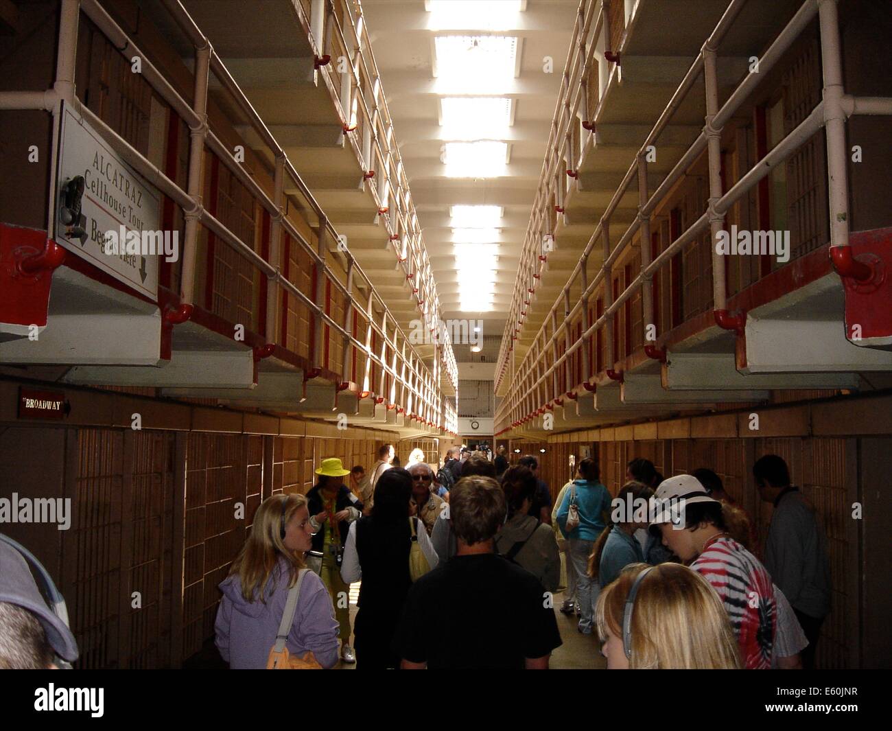 Tourists inside the main prison building at Alcatraz Island, San ...