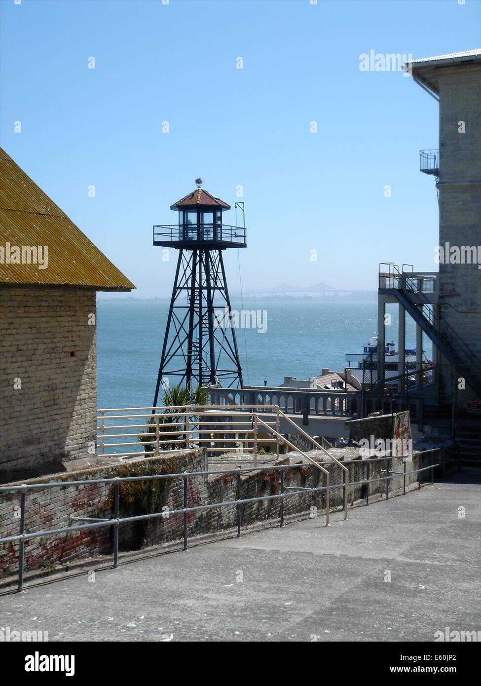 The watchtower at the entrance to Alcatraz Island, offshore from San ...