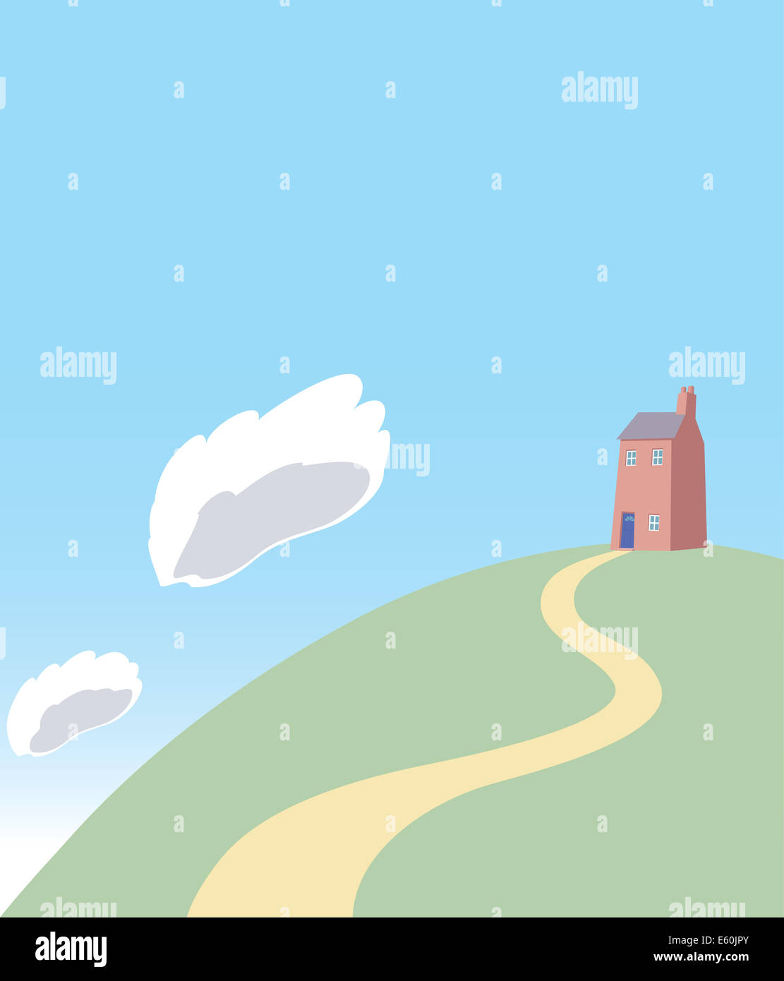 Illustration of a slender red brick house proudly sits atop a green ...