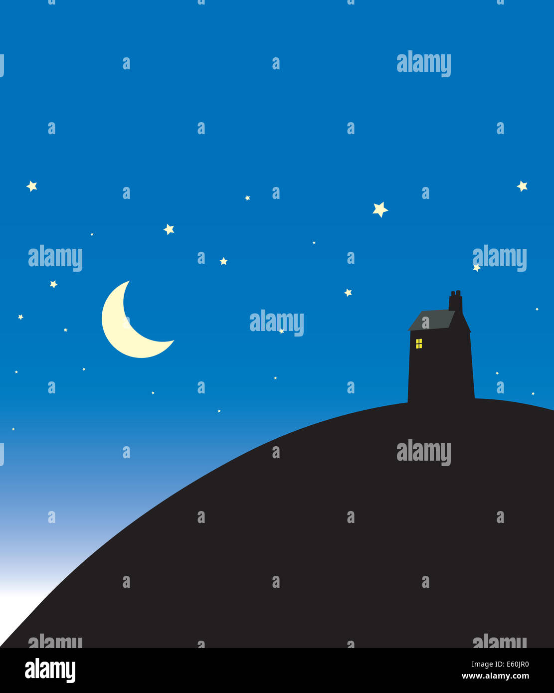 Illustration of a slender brick house proudly sits atop a hill at night ...