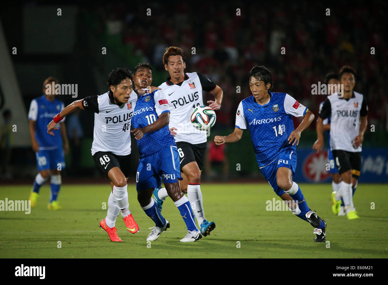 Kawasaki Todoroki Stadium, Kanagawa, Japan. 9th Aug, 2014. (L to R) Ryota Moriwaki (Reds), Kengo ...