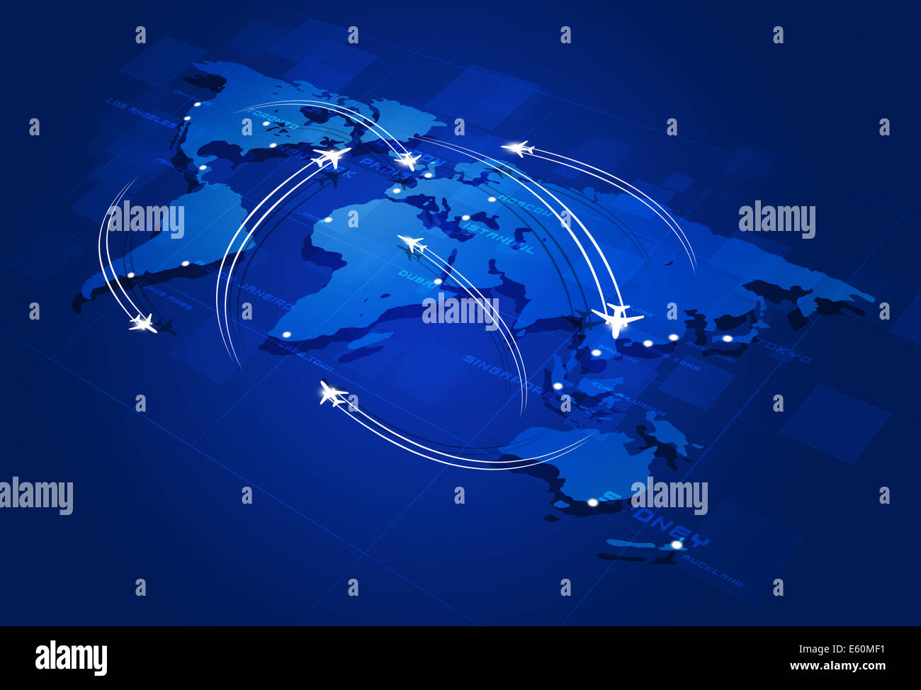 aviation background with planes over the map with major city names ...
