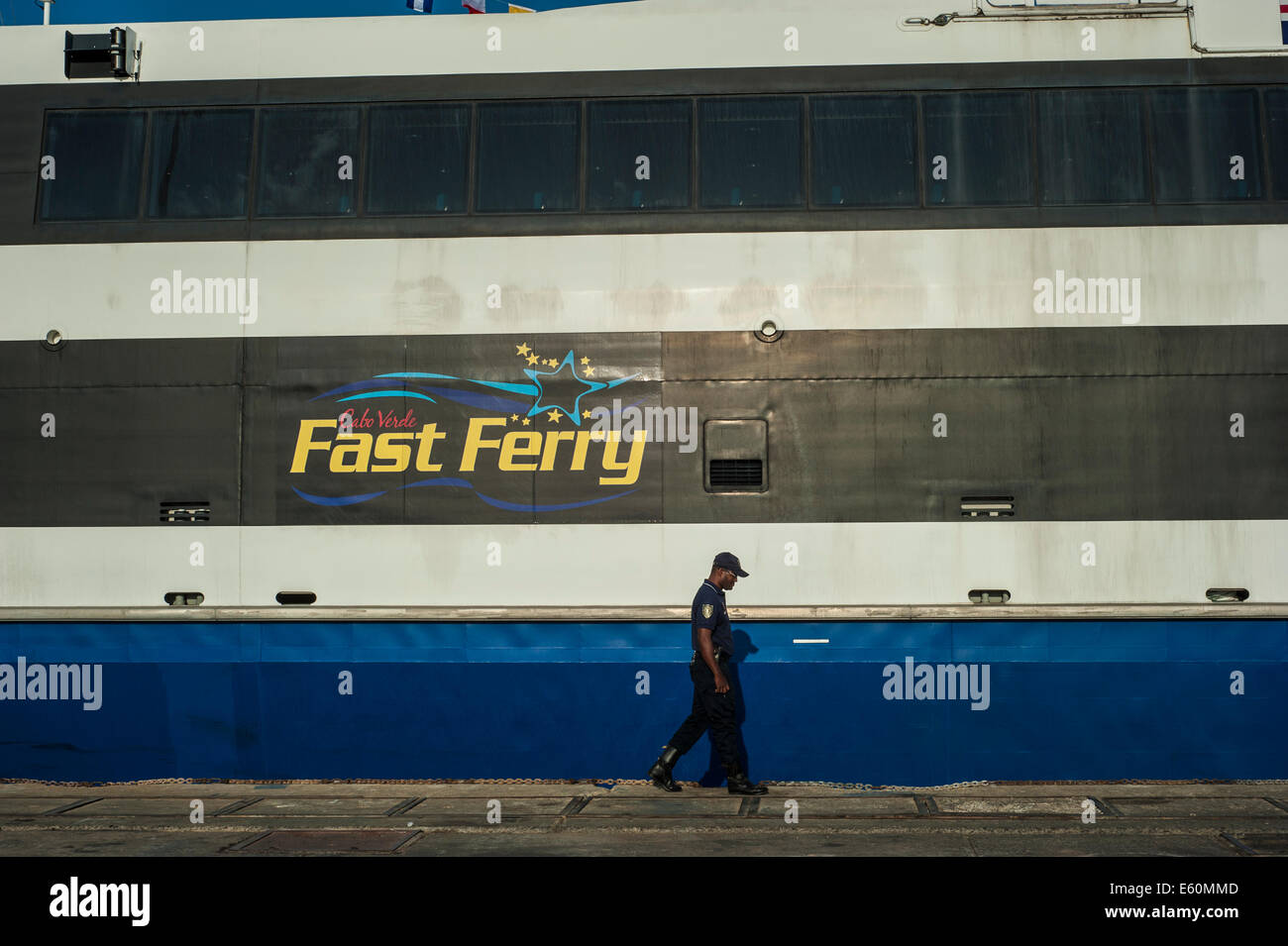 Passenger and cargo ship going between Mindelo on Sao Vicente Island ...