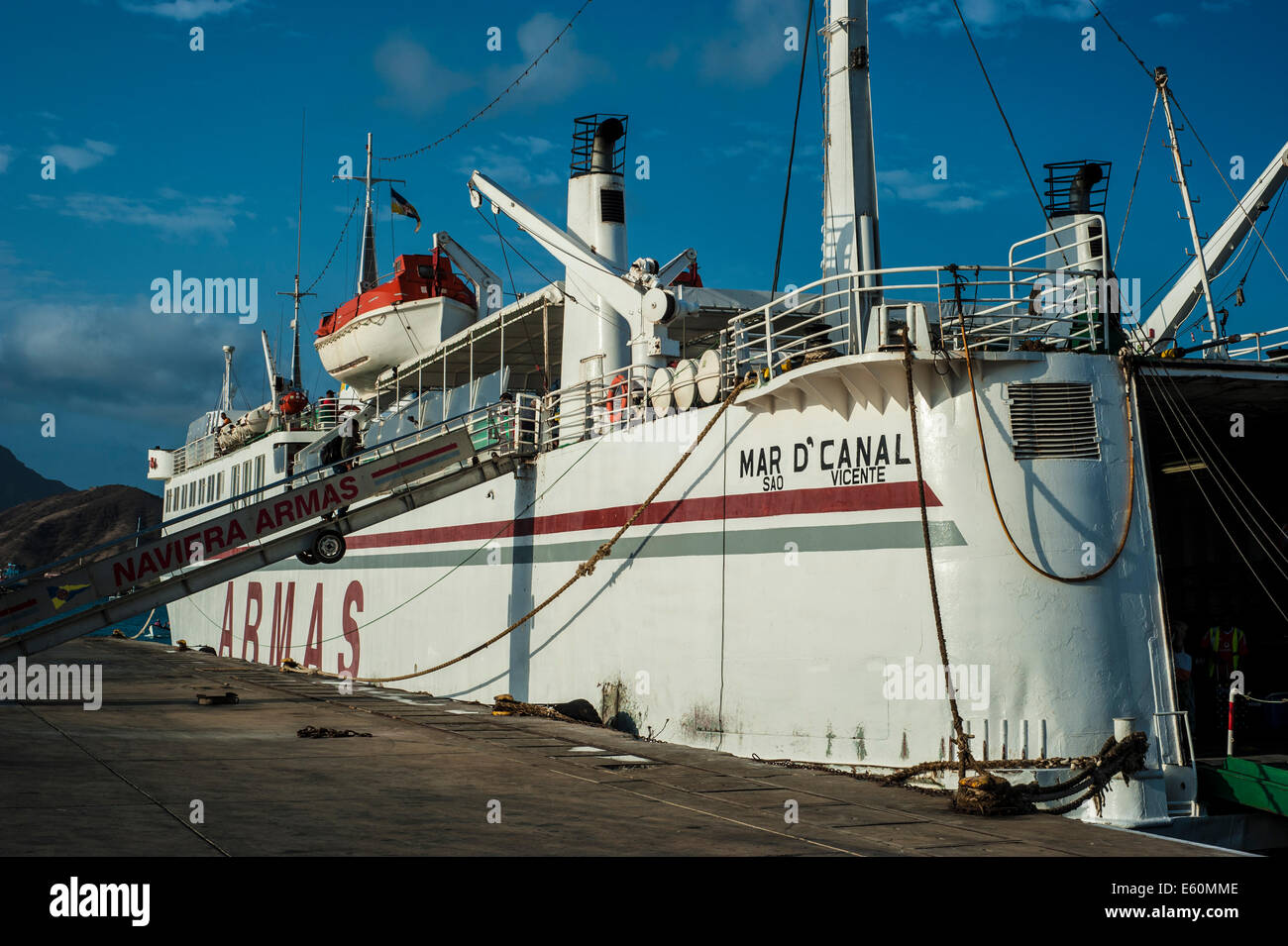 Passenger and cargo ship going between Mindelo on Sao Vicente Island ...