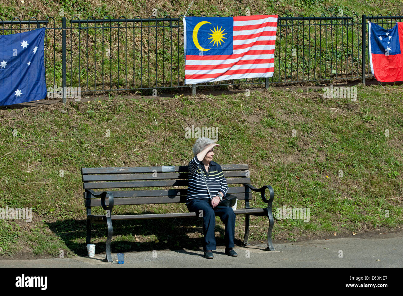 A lady shades her eyes underneath flags following the arrival of the ...