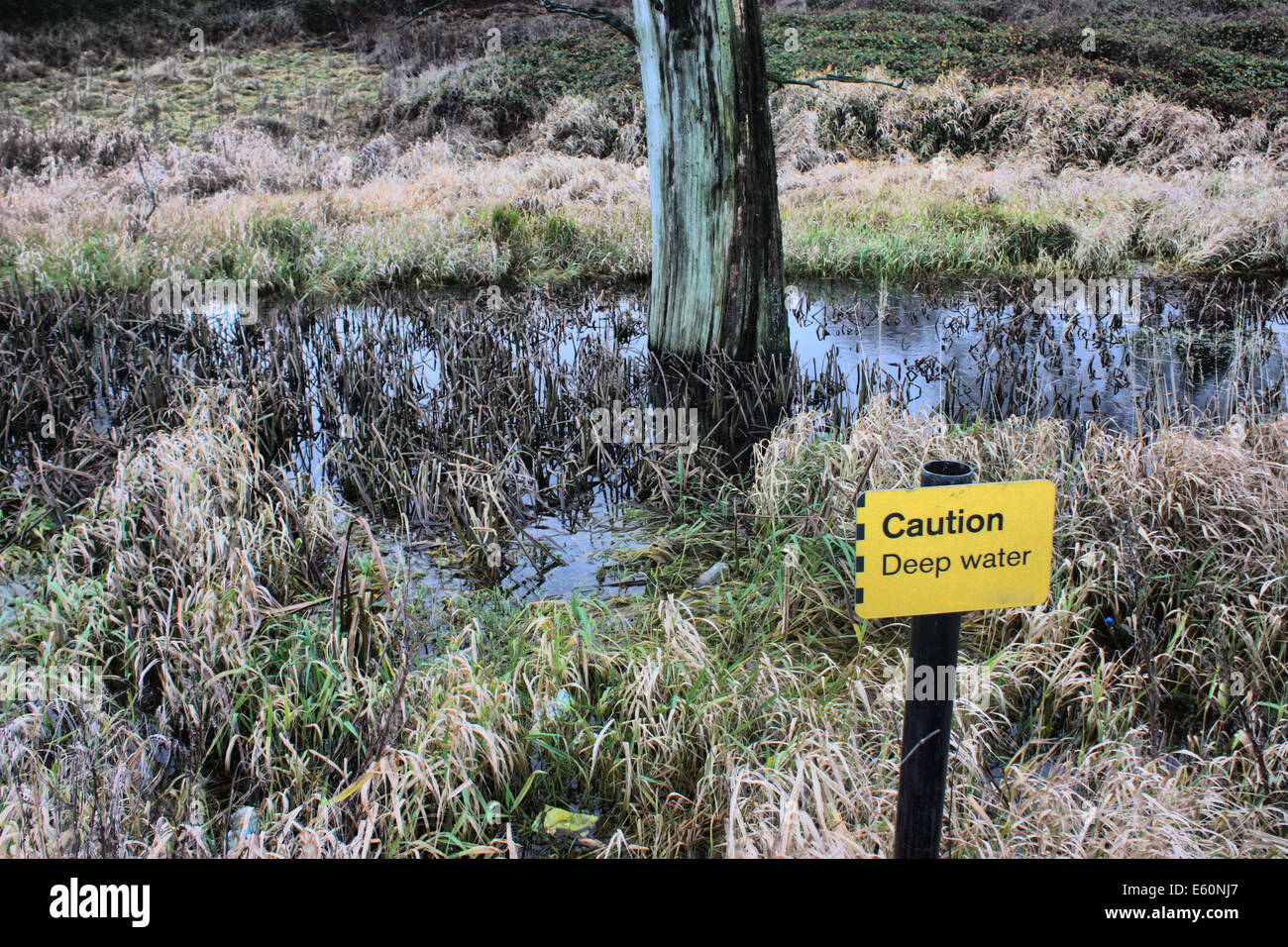 Yellow caution deepwater advisory sign Stock Photo - Alamy