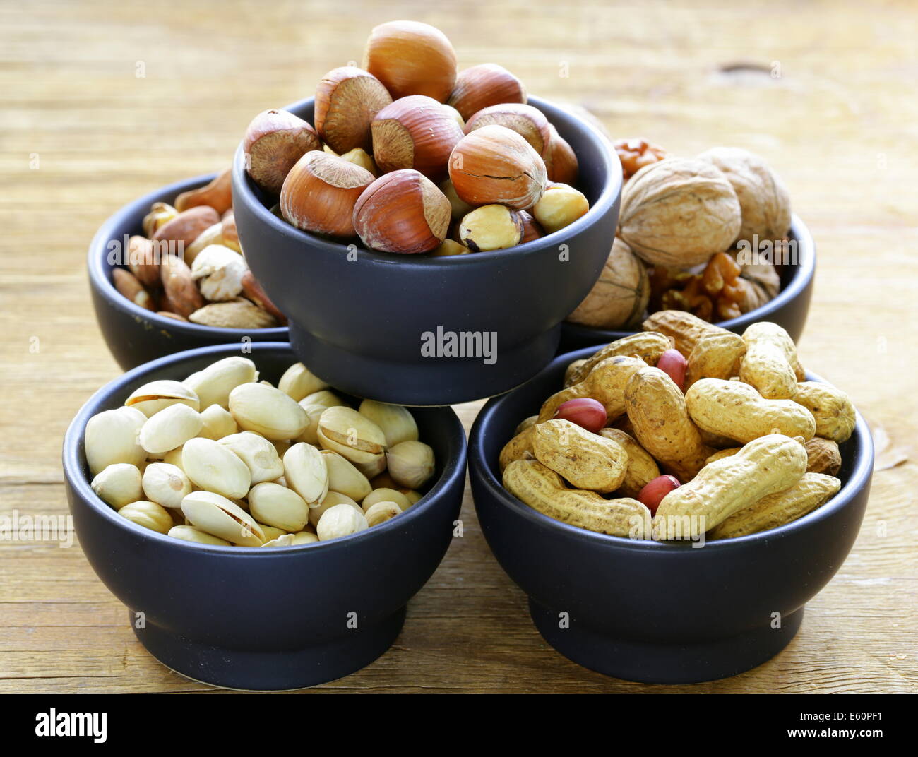 different kinds of nuts (almonds, walnuts, hazelnuts, peanuts) in a ...