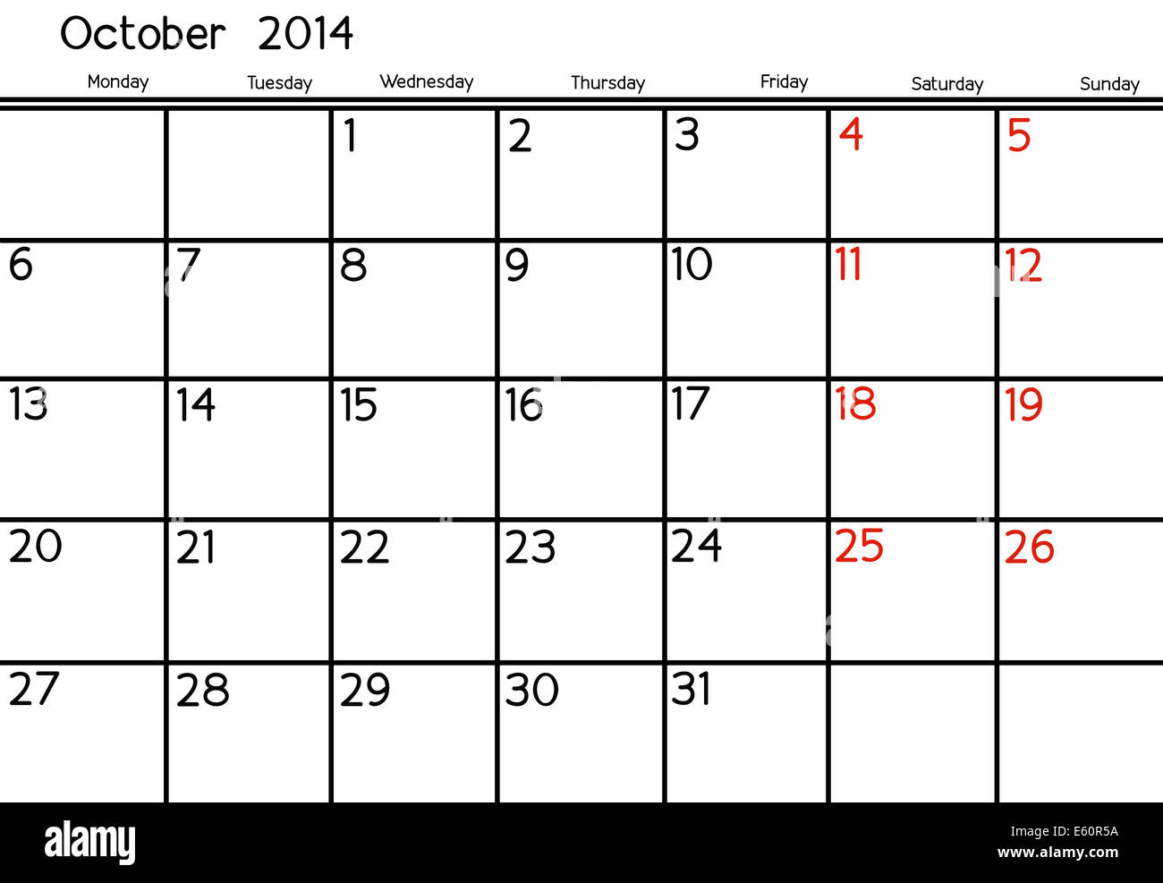 Blank Calendar of October, 2014 Stock Photo - Alamy