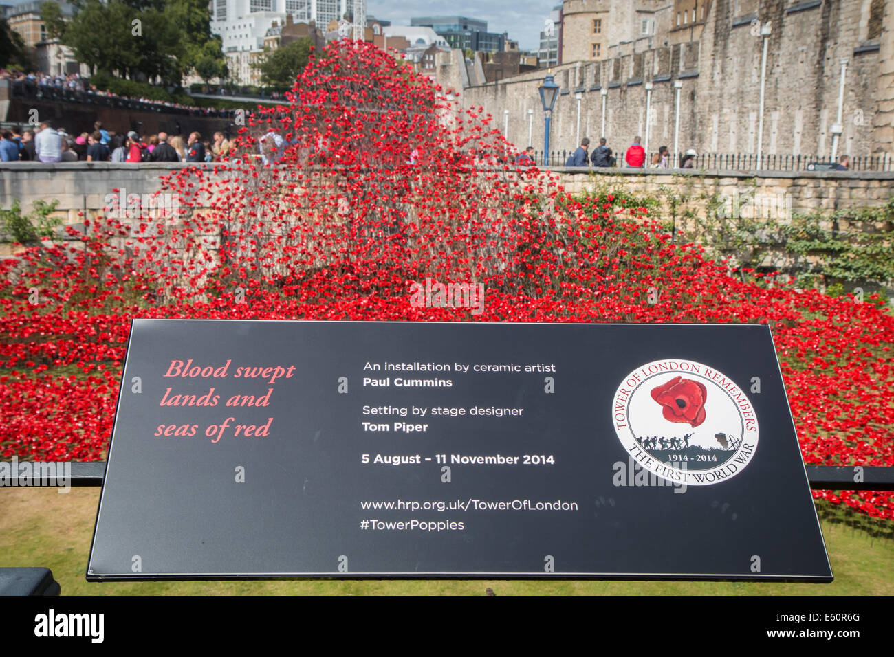 Sign giving details of the poppy installation and the "wave Stock Photo ...