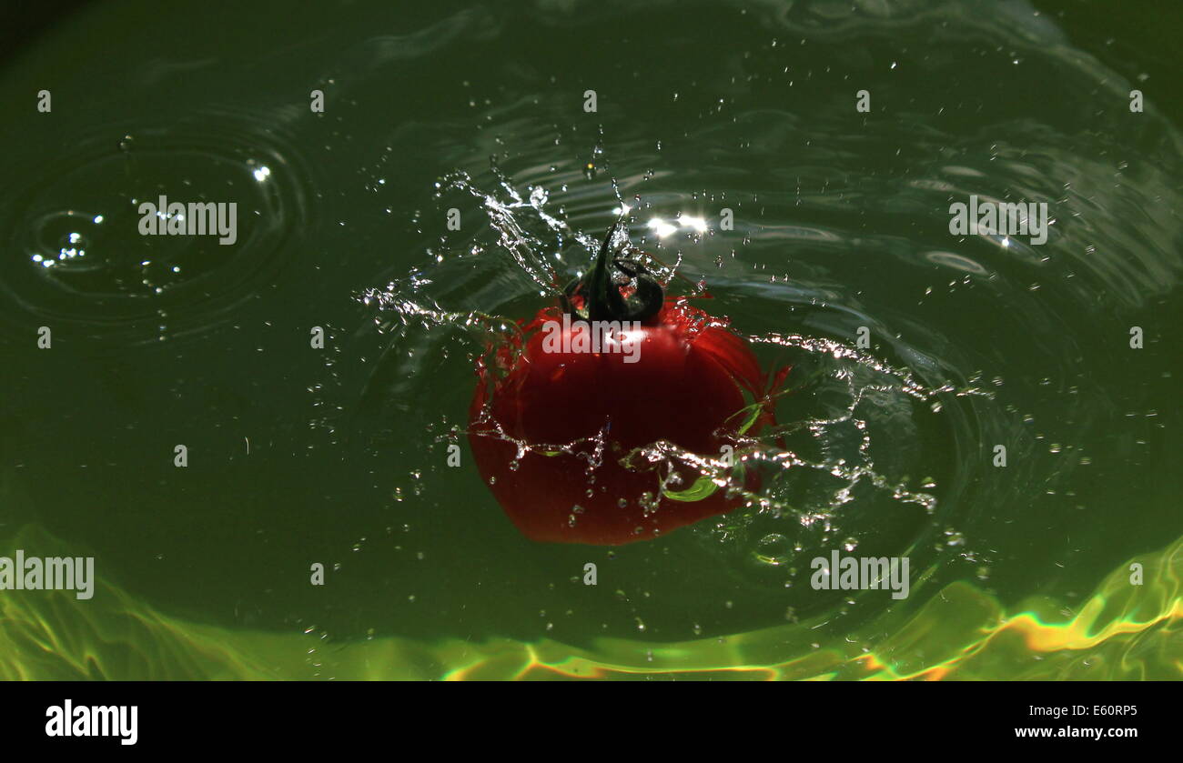 Tomato dropping into bowl of water Stock Photo - Alamy