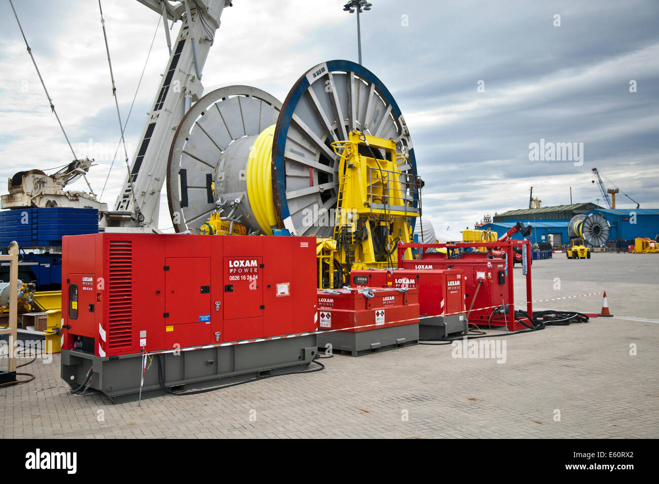 Oil Industry pipe laying, circular spools and equipment at Invergordon ...
