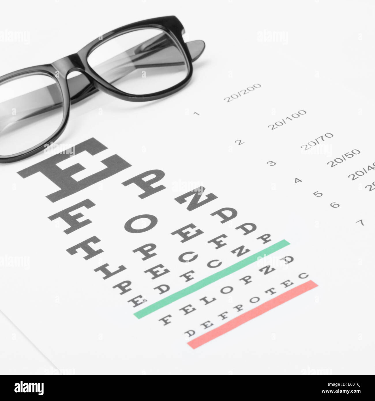 Studio shot of eyesight test chart with glasses over it Stock Photo - Alamy