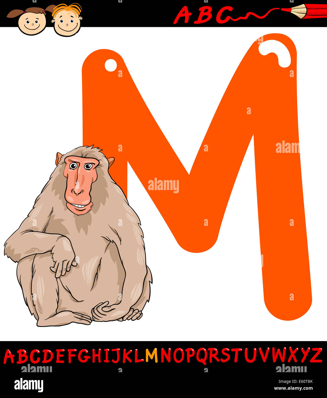 Cartoon Illustration of Capital Letter M from Alphabet with Macaque ...