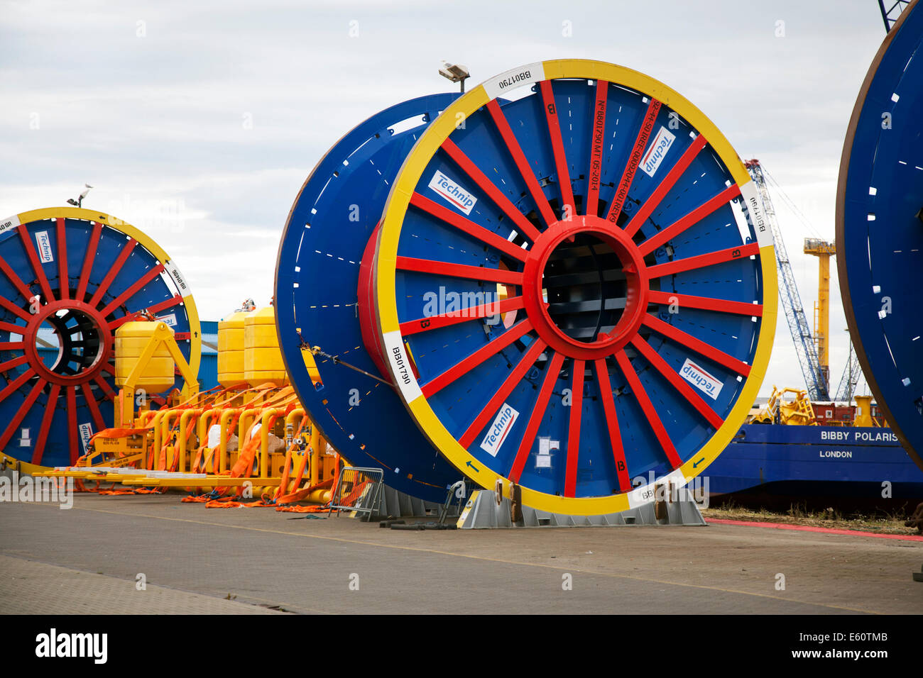 Oil Industry pipe laying, circular spools and equipment at Invergordon ...