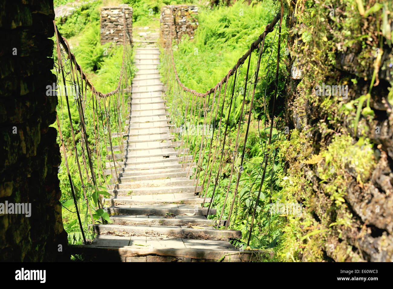 Steel cable and wooden floor suspension bridge crossing a mountain ...