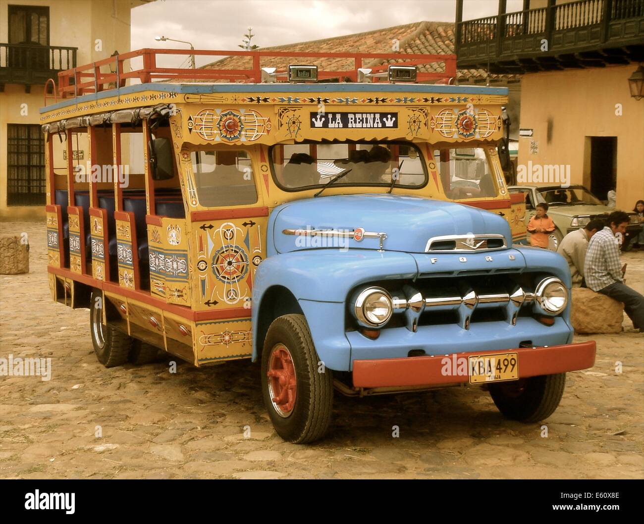 A typical elaborately painted Colombian Chiva bus, in the central plaza ...