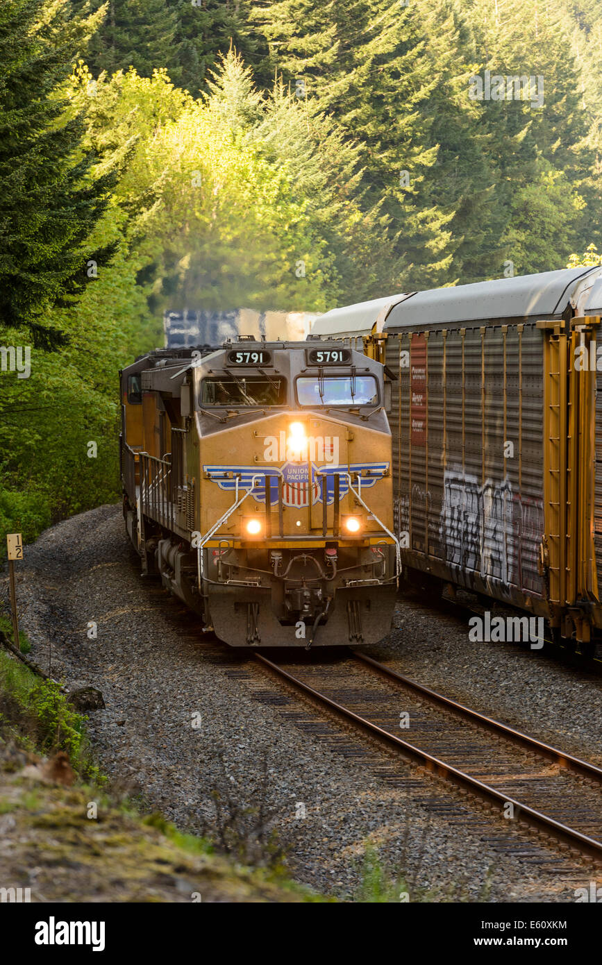A Union Pacific freight train passes through the Columbia River Gorge ...