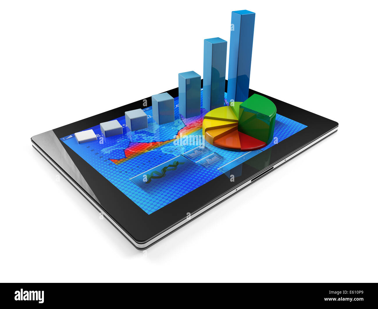Tablet with graph bar and pie chart, white background Stock Photo - Alamy