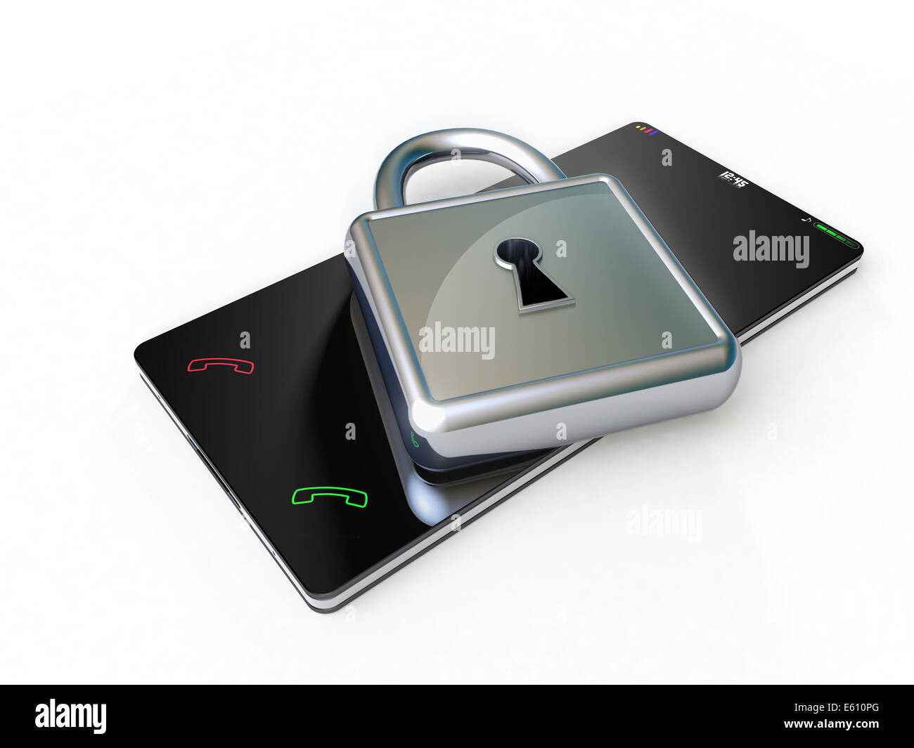 Protecting a touch screen phone, by means of a silver padlock placed ...