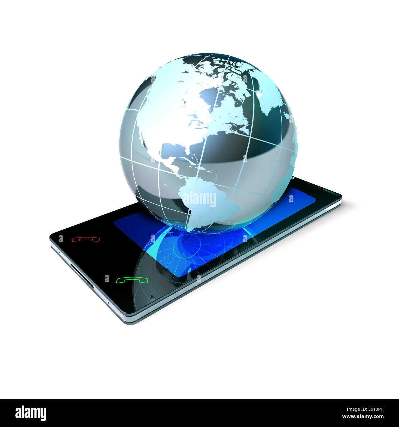 Mobile phone touch screen connected with the world, white background ...