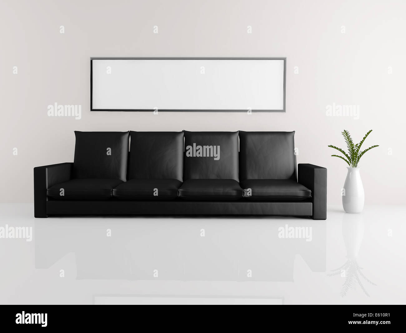 A room with a minimalist black sofa and a picture frame Stock Photo - Alamy