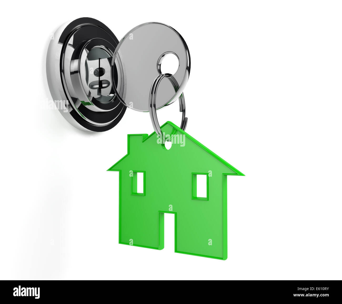 Lock and key with home shaped keyring home, white background Stock ...