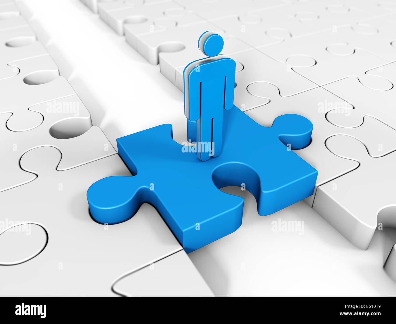 A piece of blue puzzle with over a man with a bridge joining two large ...