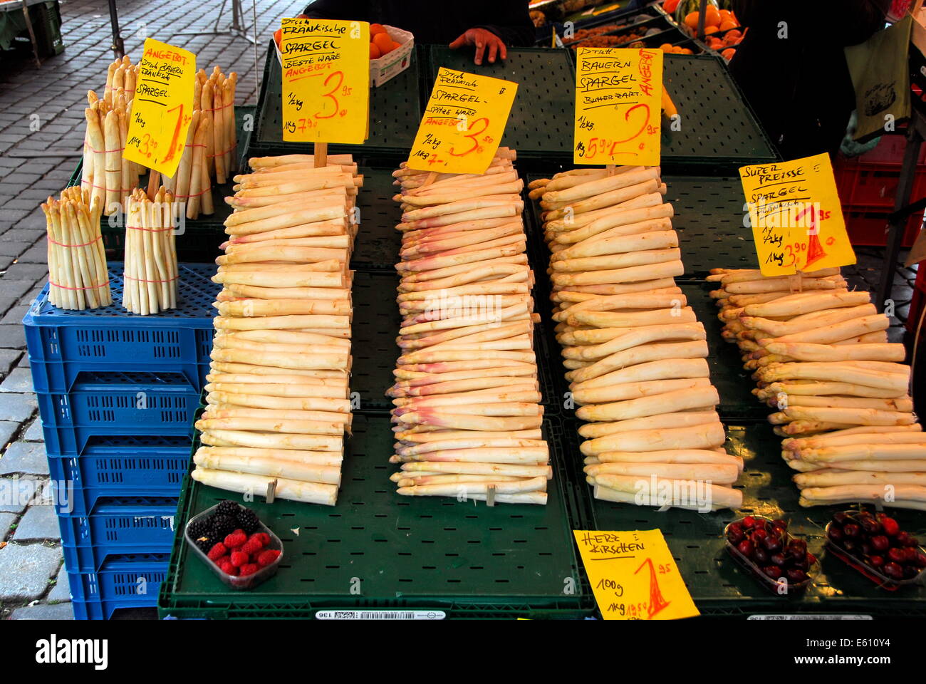 Market place selling white asparagus in Nuremberg, Germany Stock Photo ...