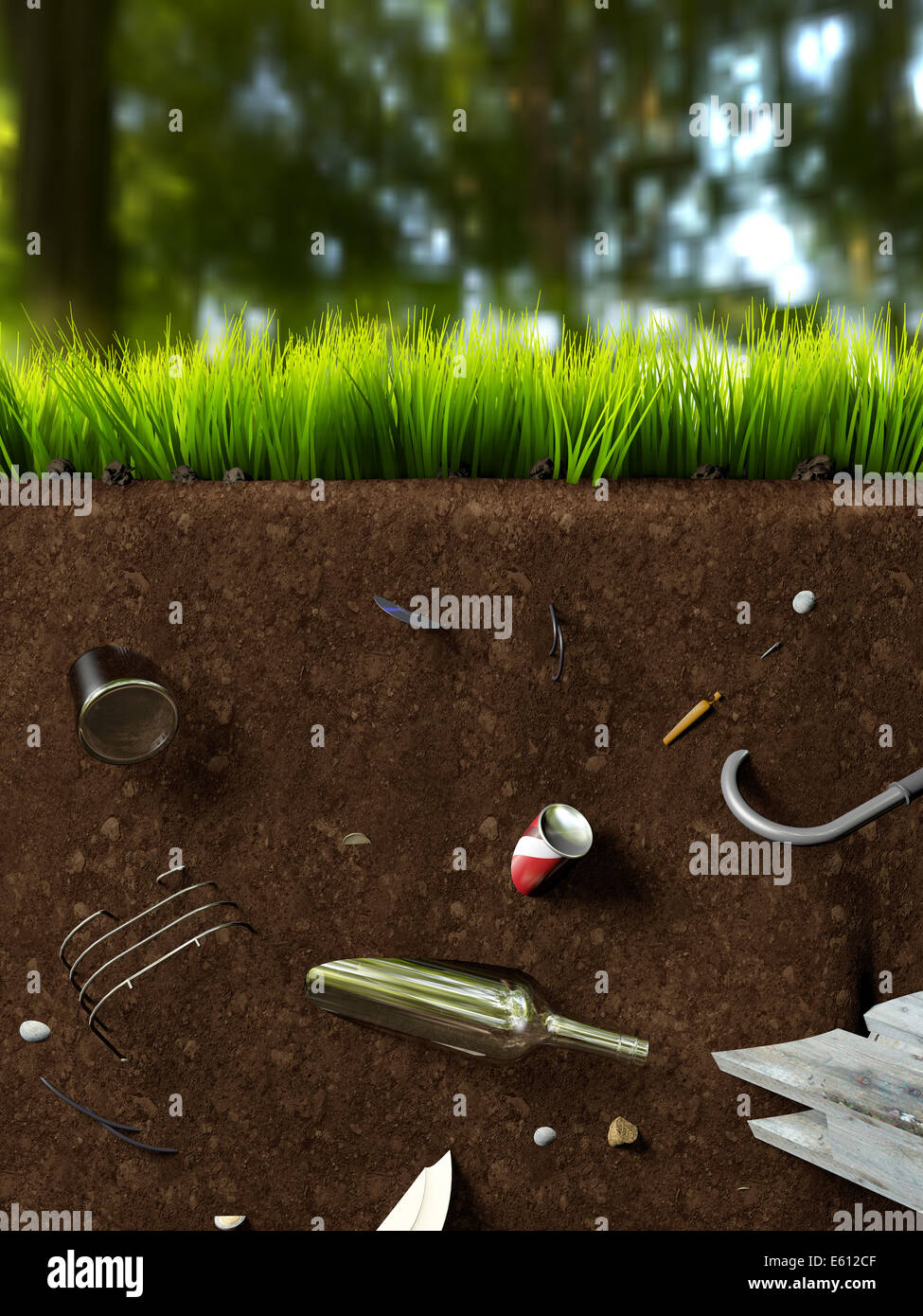 A section of land filled waste with grass and soft background Stock ...