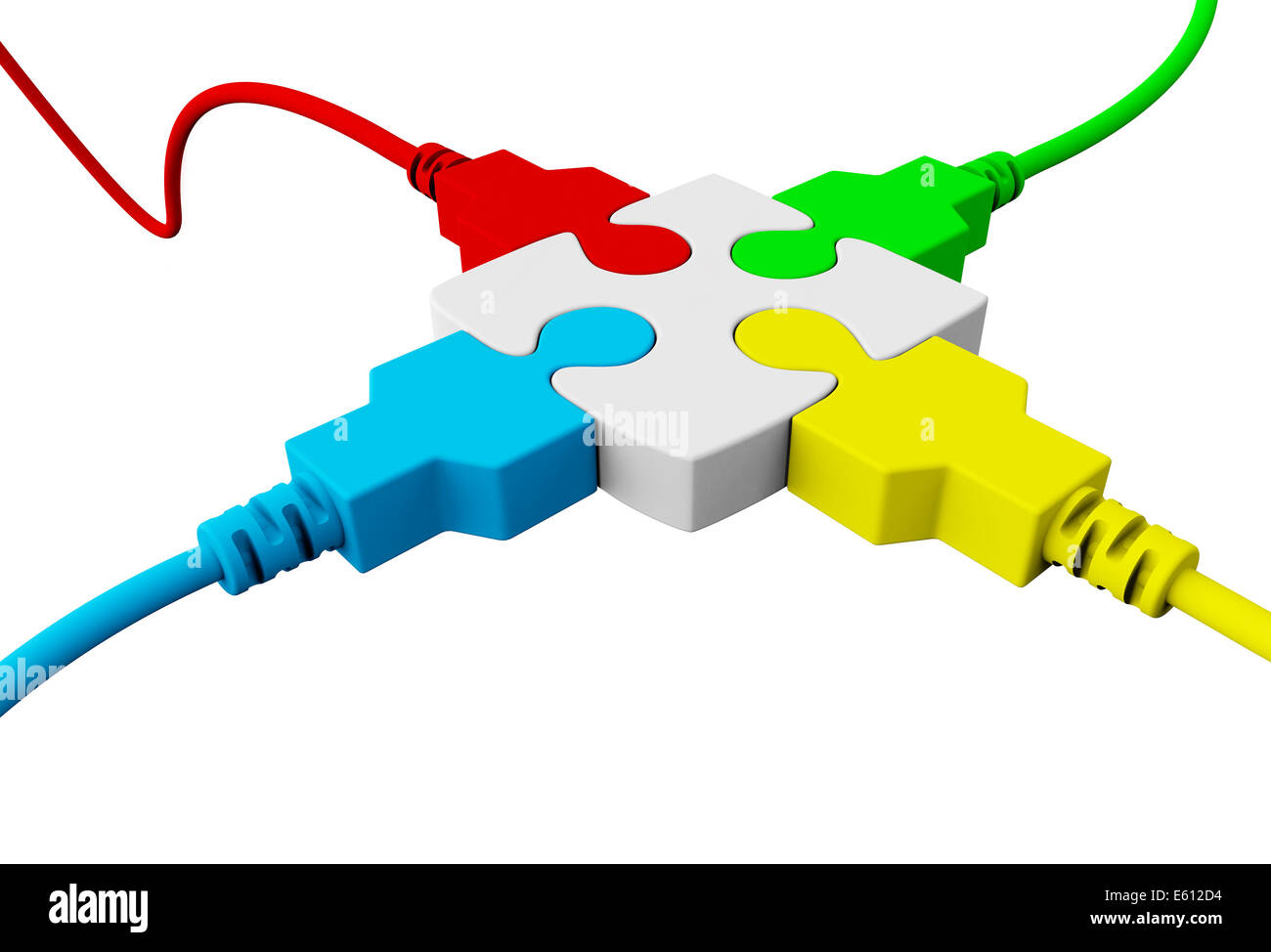 Cables of different colors are connected together at a single puzzle ...