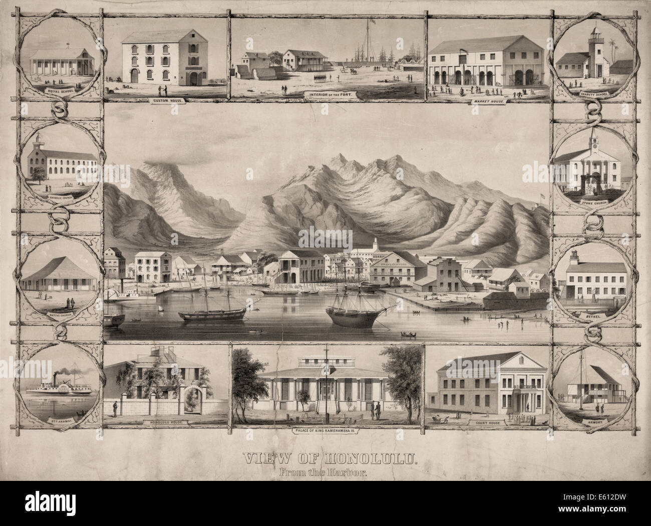 View of Honolulu from the harbor - Views of the Royal school, Catholic ...
