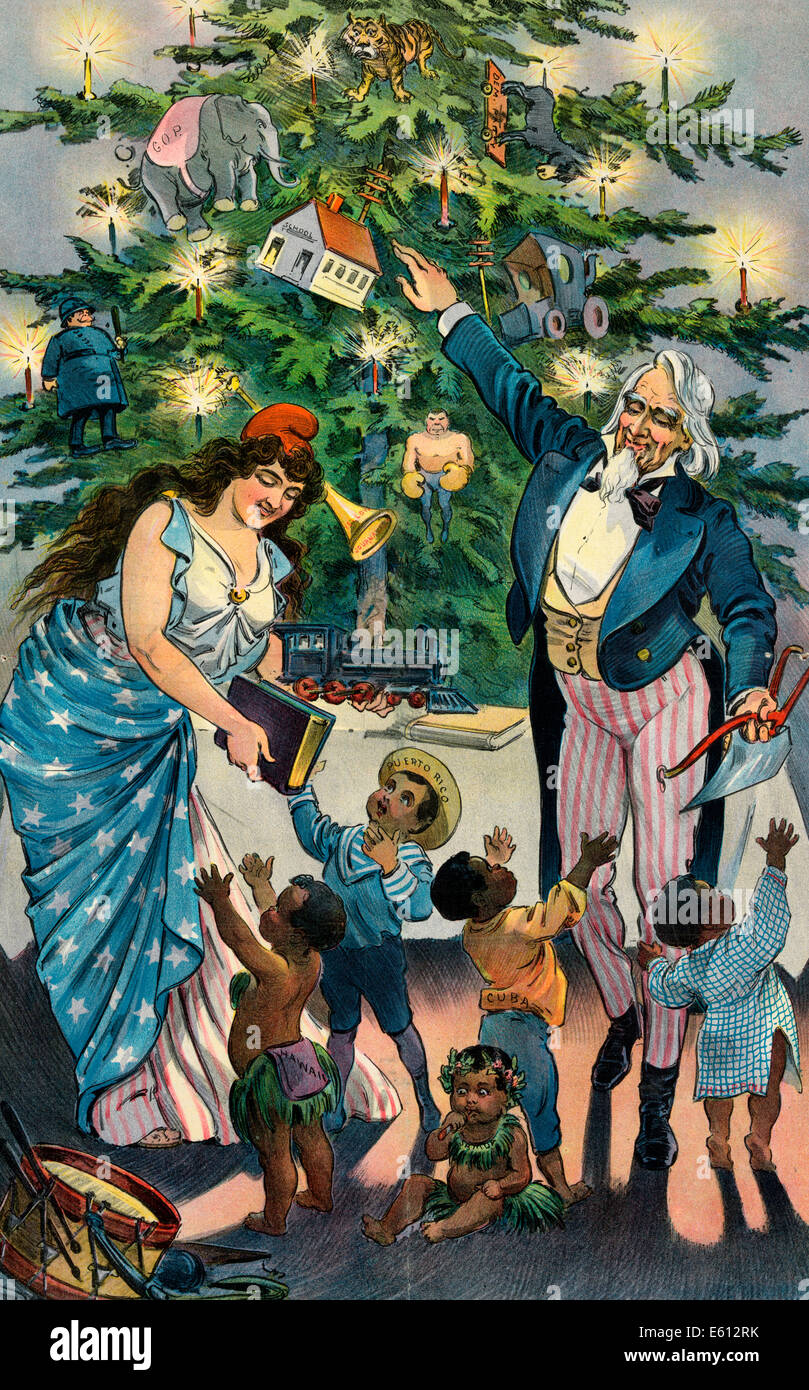 Our Christmas tree - Uncle Sam and Columbia taking Christmas presents ...