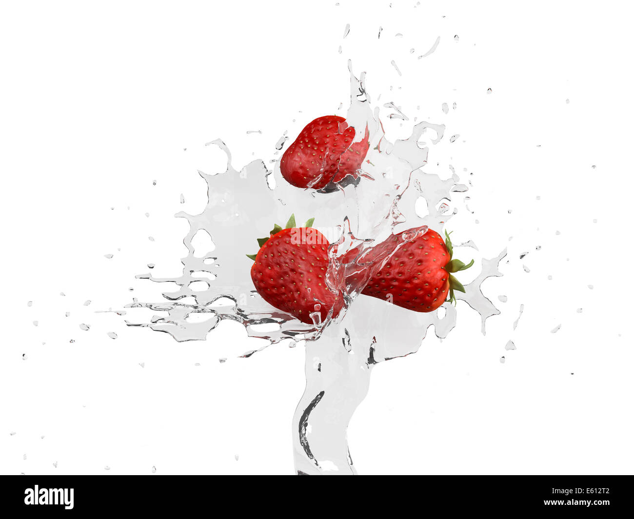 Waterjet keeps hanging strawberry, white background Stock Photo - Alamy