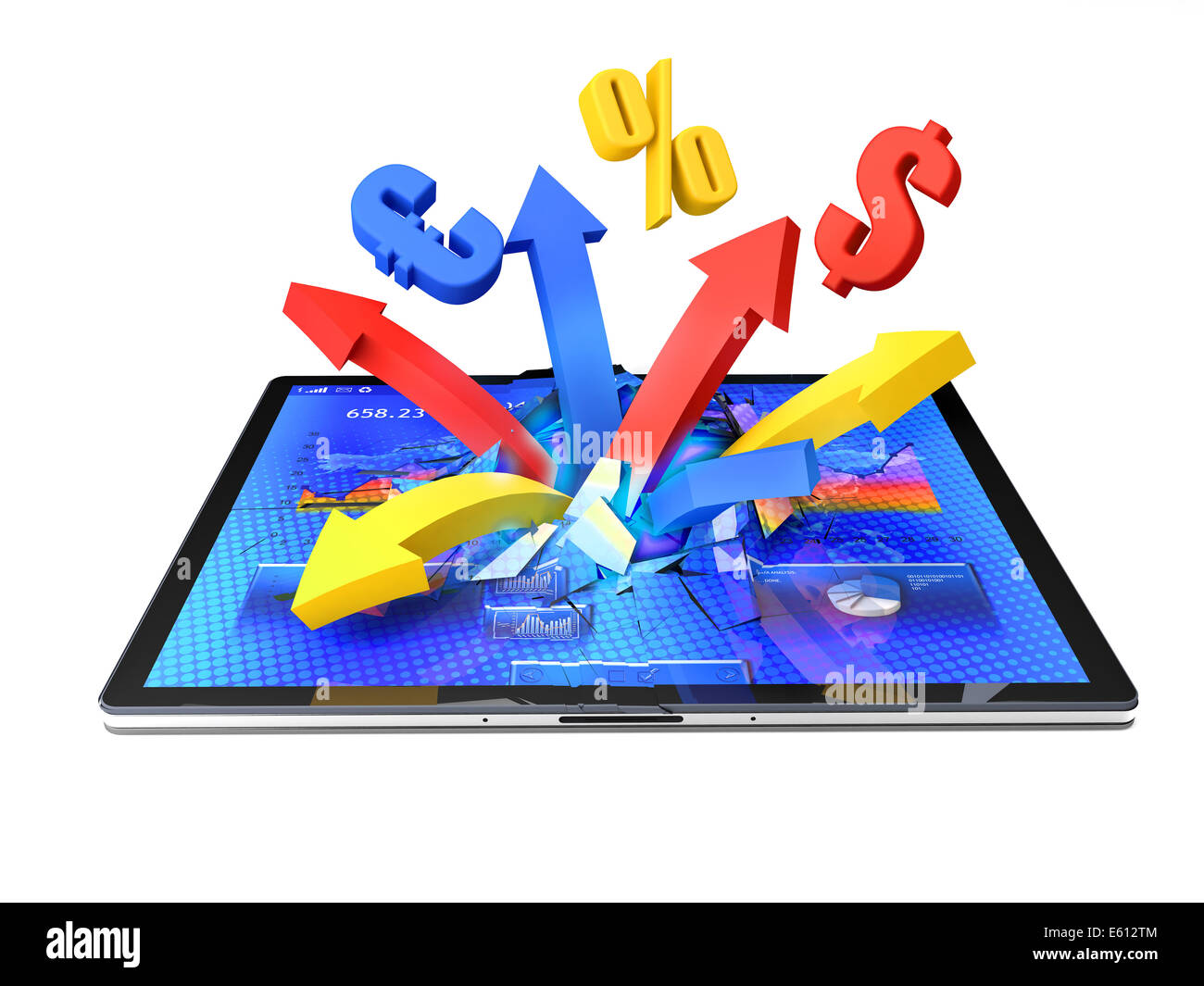 Tablet with arrows that break the screen Stock Photo - Alamy