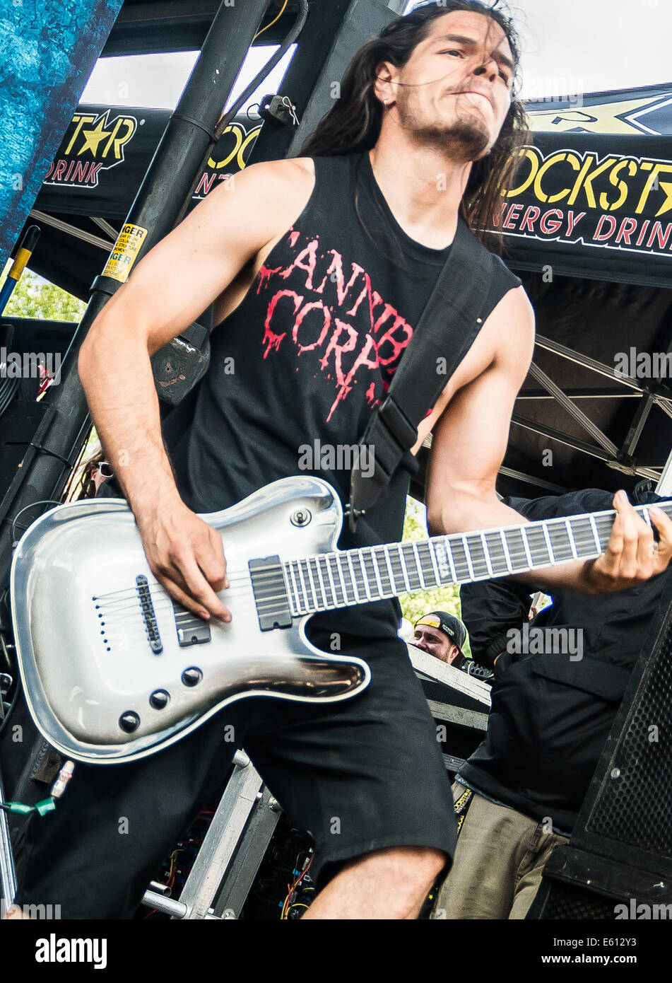 Clarston, MI, USA. 17th July, 2014. CHRIS GARZA of Suicide Silence ...
